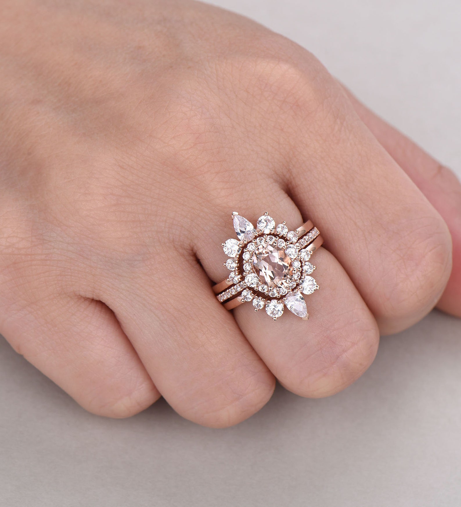 Morganite Wedding Ring Set 3PCS Bridal Set Vintage Morganite | Etsy