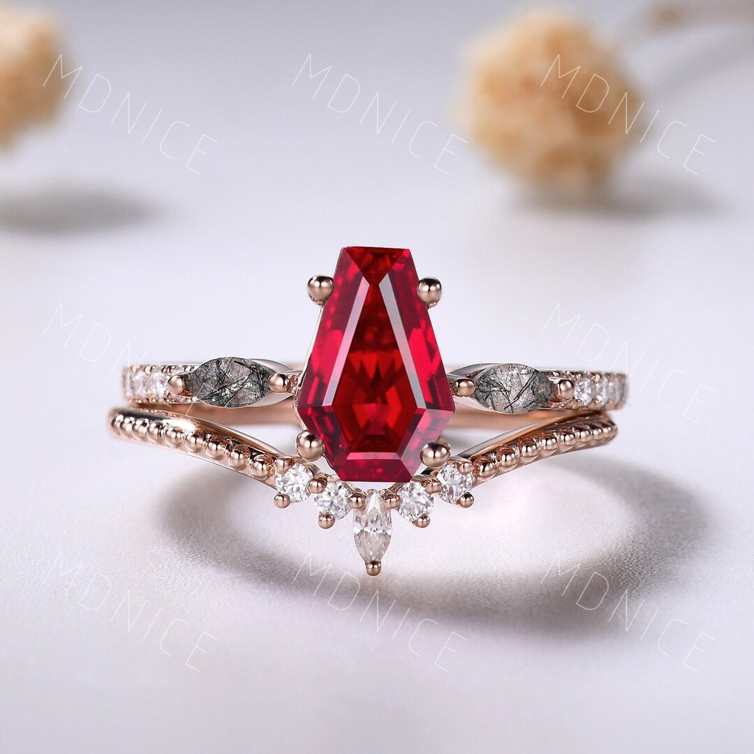 Gothic Coffin Shaped Ruby Wedding Ring Set & Marquise Cut Black Quartz ...