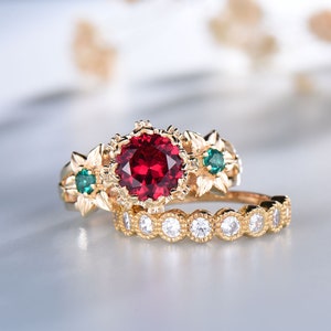 Vintage Ruby Wedding Ring Set, Unique Floral Ring, 14K Yellow Gold, CZ ...