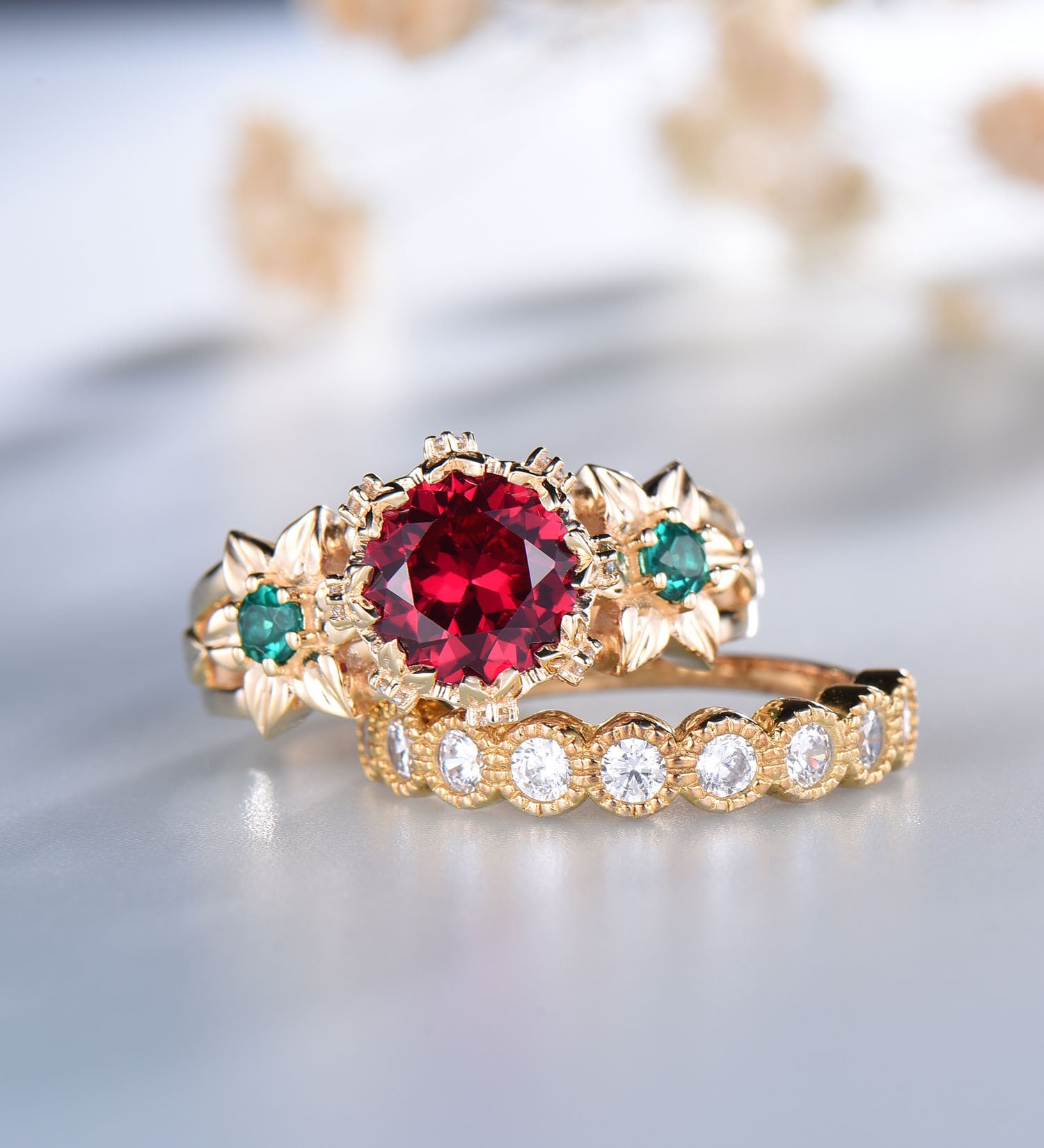 Vintage Ruby Wedding Ring Set Unique Floral Ring 14K Yellow | Etsy