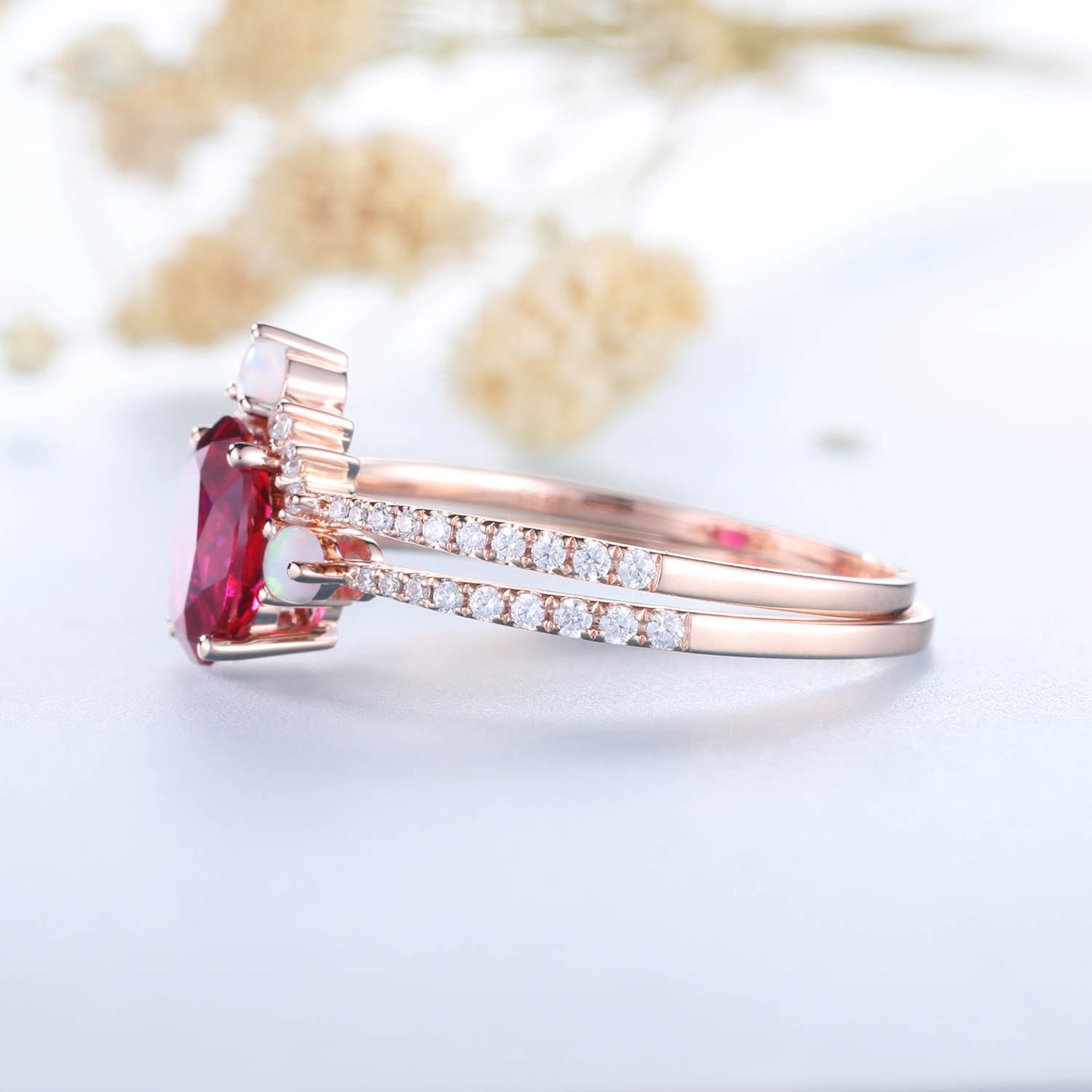Ruby Ring Rose Gold Ruby Opal Wedding Ring Set July | Etsy
