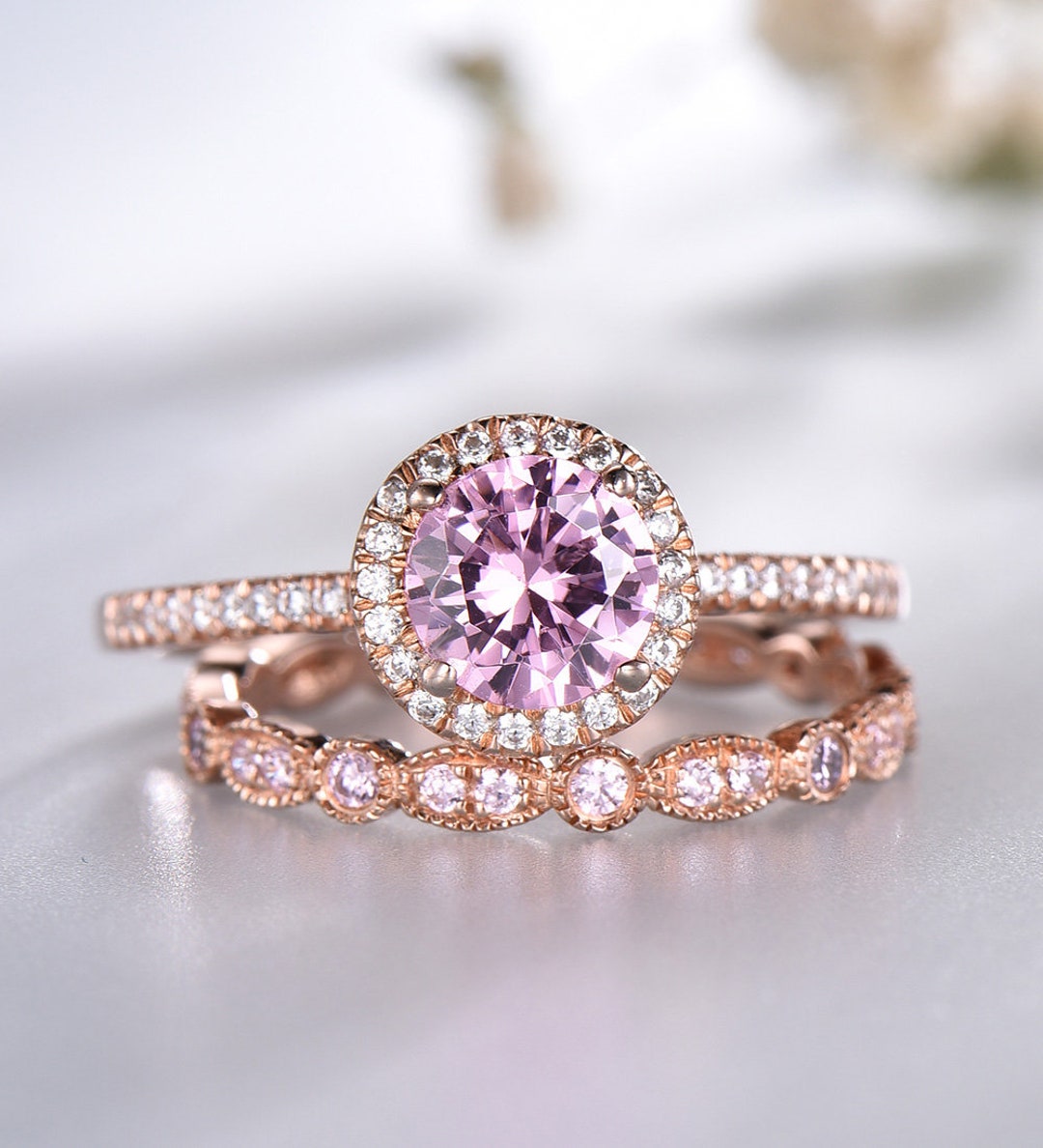 Pink Diamond Ring Set Halo Pink Diamond Simulated Engagement Ring Art ...