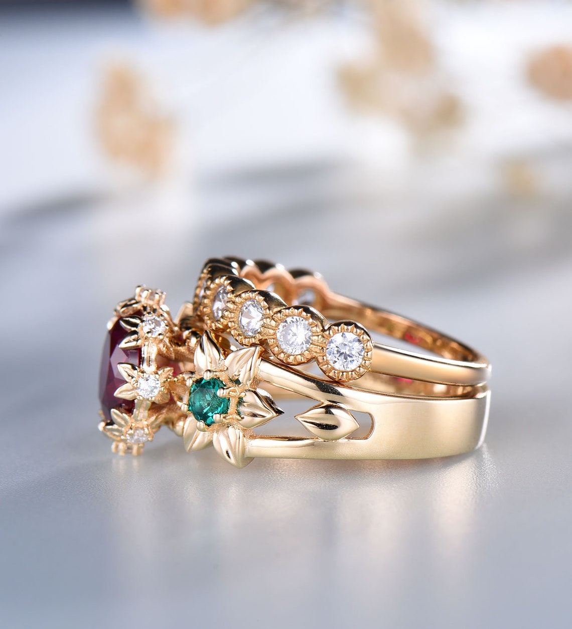 Vintage Ruby Wedding Ring Set Unique Floral Ring 14K Yellow | Etsy