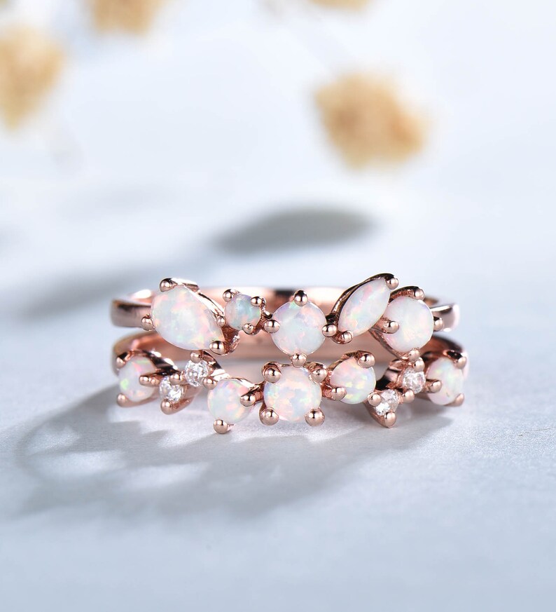 Opal Wedding Ring Set, Opal Stacking Rings, Rose Gold Opal Ring ...
