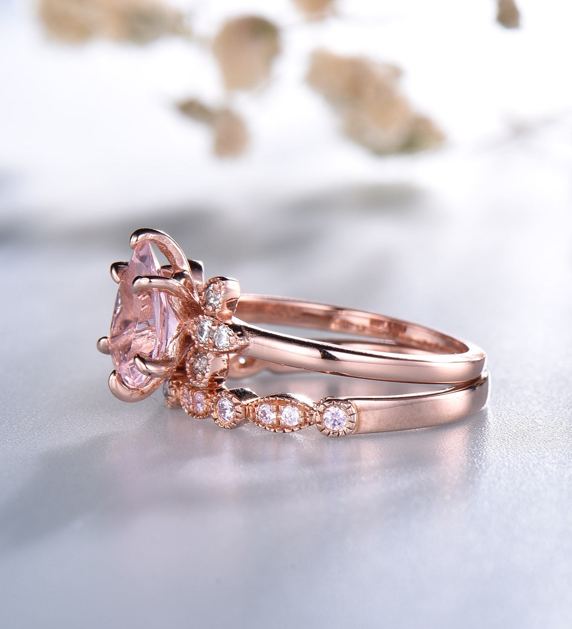 Morganite Ring Pink Morganite Engagement Ring Art Deco Pink CZ - Etsy
