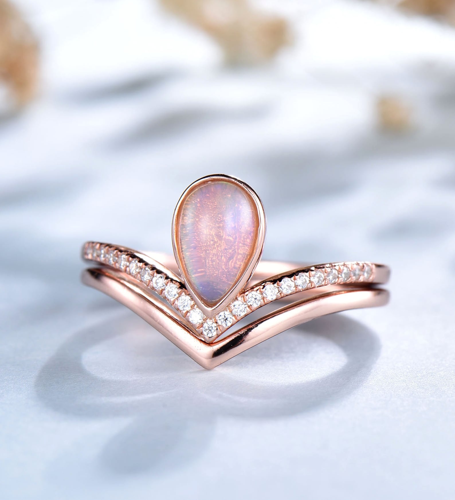 Rose Gold Opal Ring Natural Opal Ring Opal Wedding Ring Set | Etsy