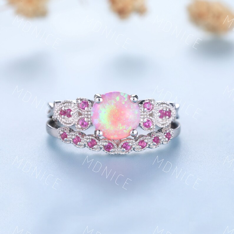 Pink Opal Ring Opal and Ruby Wedding Ring Set White Gold | Etsy