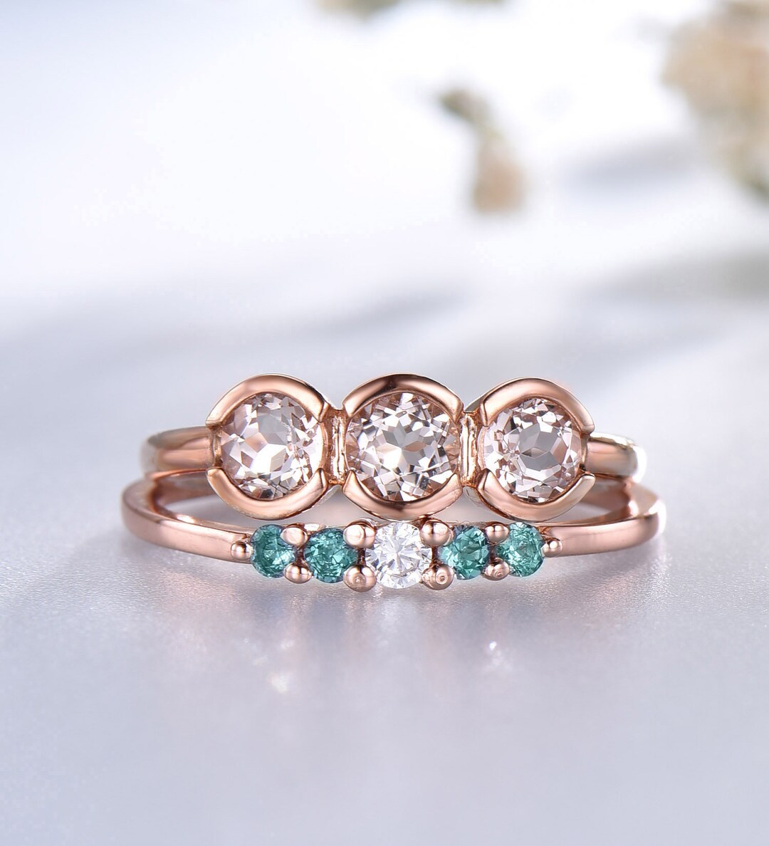 Morganite Wedding Set Morganite Band 14K Rose Gold 4mm Morganite Ring ...