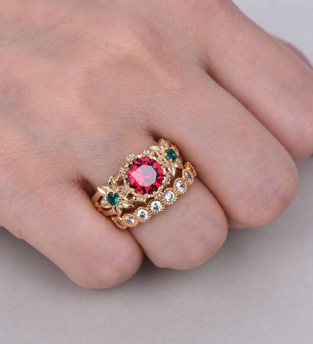 Vintage Ruby Wedding Ring Set, Unique Floral Ring, 14K Yellow Gold, CZ ...