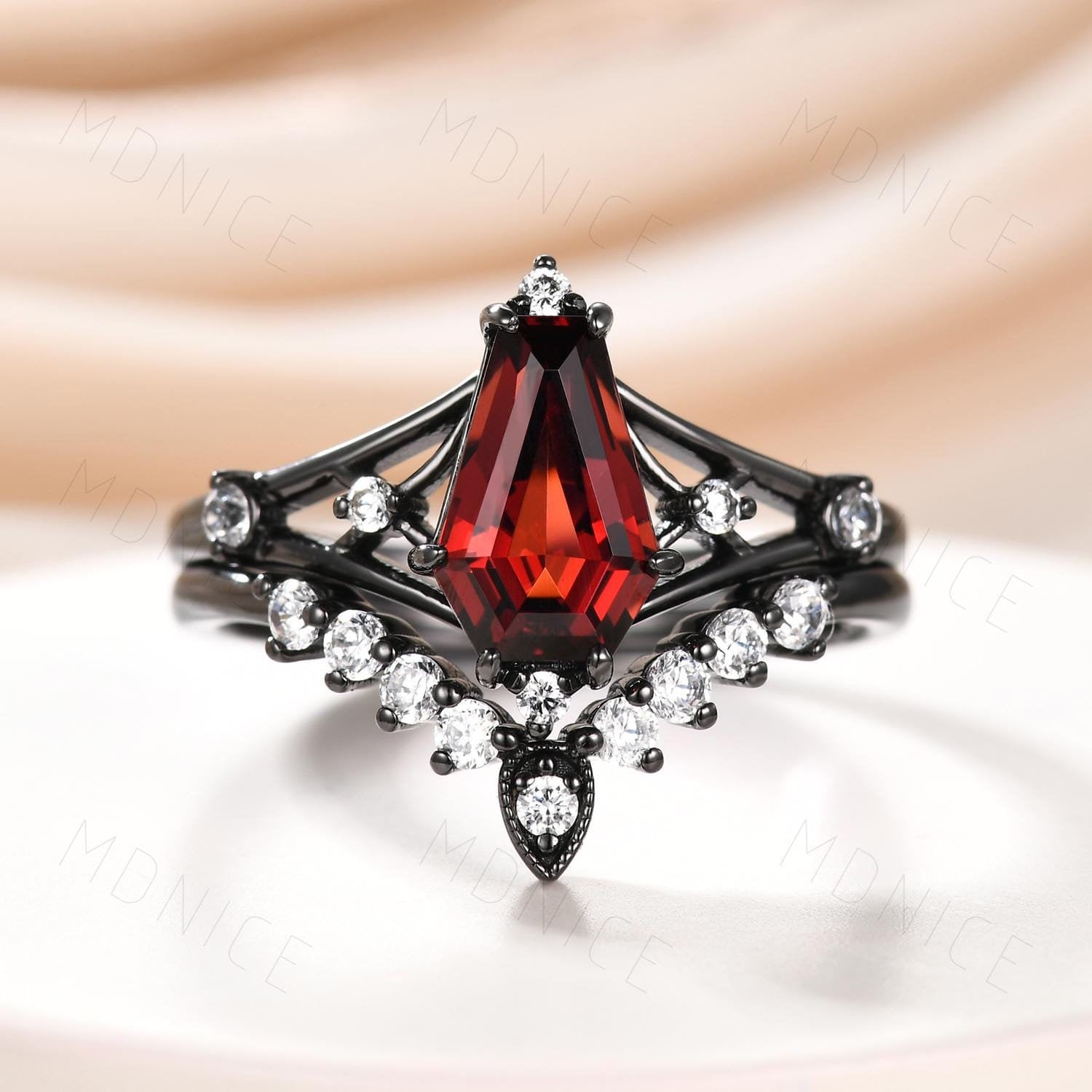 Gothic Coffin Garnet Engagement Ring, Black Rhodium Natural Garnet ...