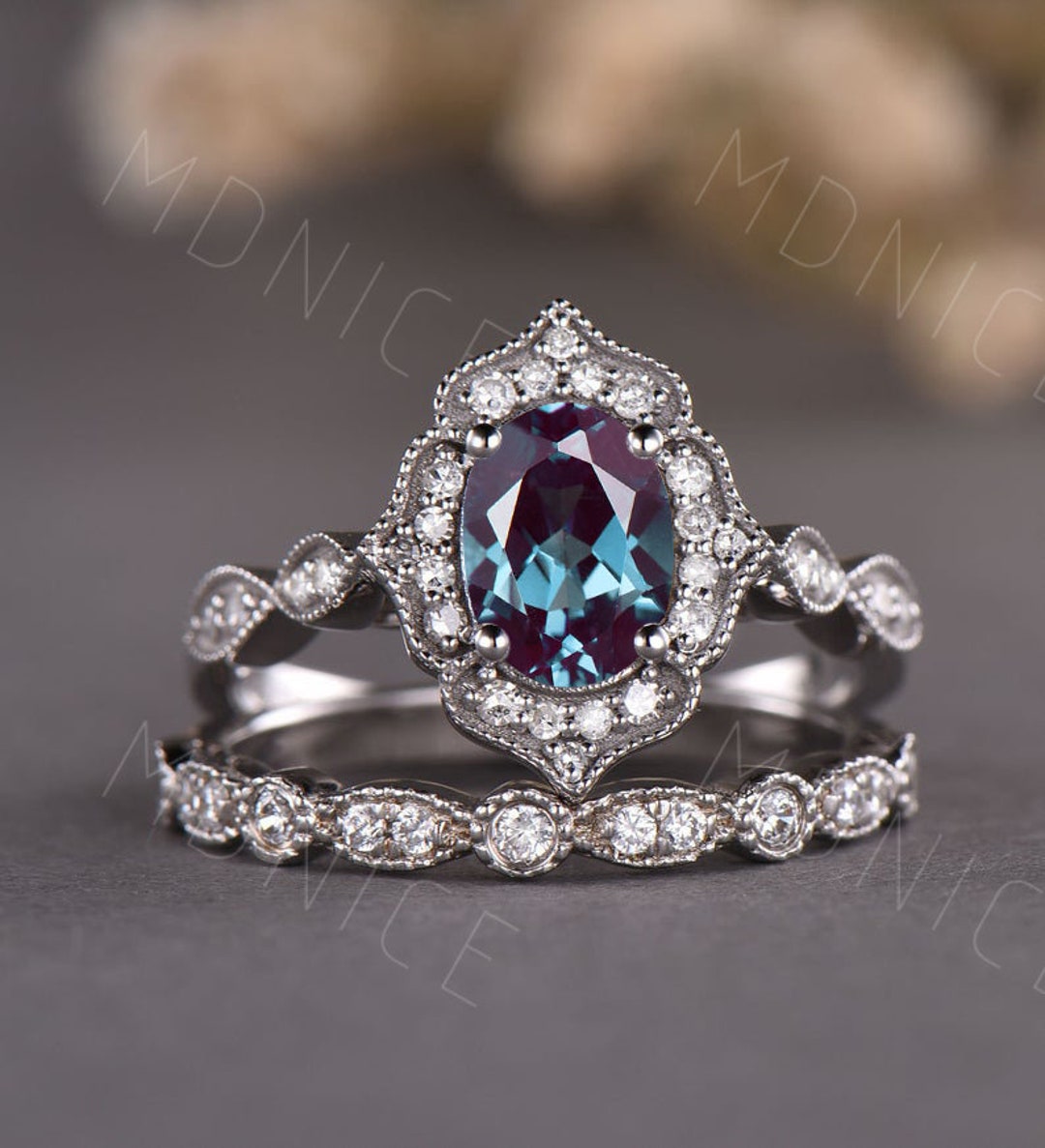 Vintage Alexandrite Engagement Ring Set Sterling Silver Wedding Ring ...