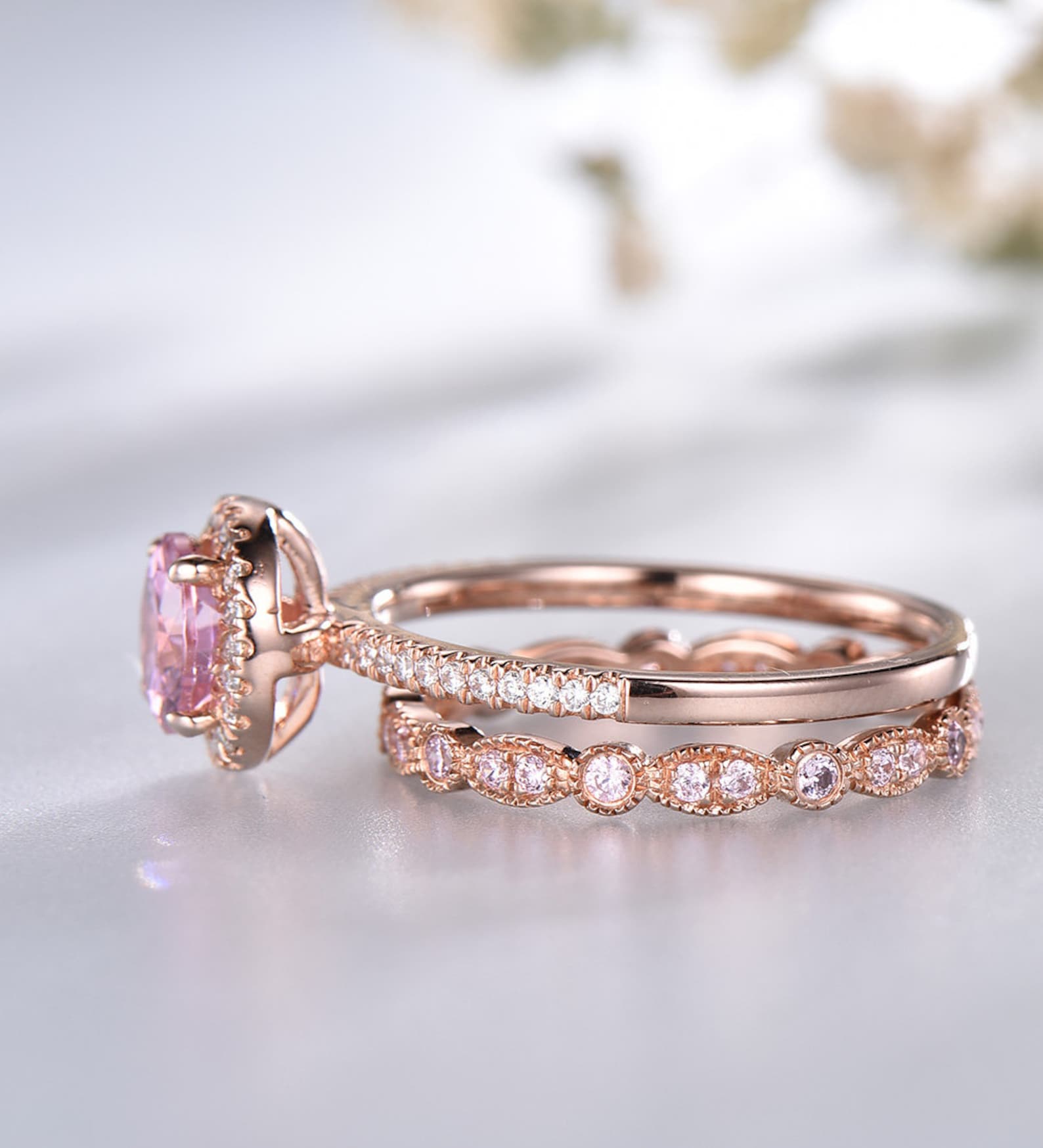 Pink Diamond Ring Set Halo Pink Diamond Simulated Engagement - Etsy