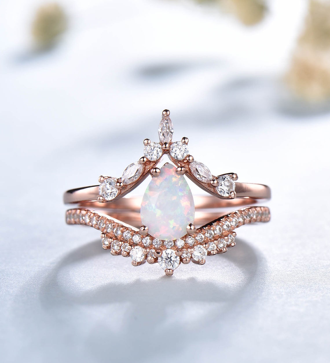 Rose Gold Opal Wedding Ring Set Unique Vintage Bridal Set - Etsy