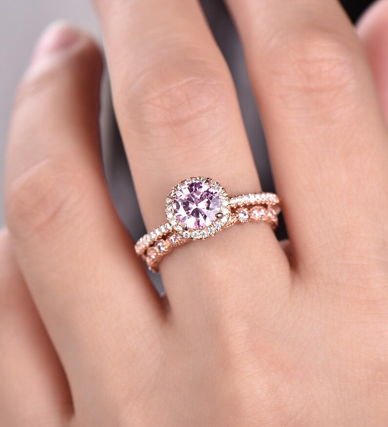 Pink Diamond Ring Set Halo Pink Diamond Simulated Engagement | Etsy