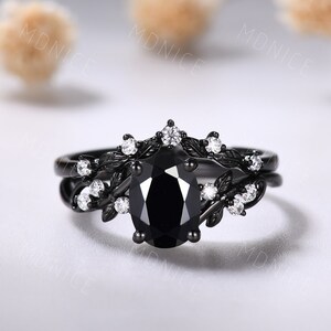 Rhodium Black Gold Oval Onyx Bridal Set, Witchy Black Onyx Vine Promise Wedding Ring Women, Punk ...