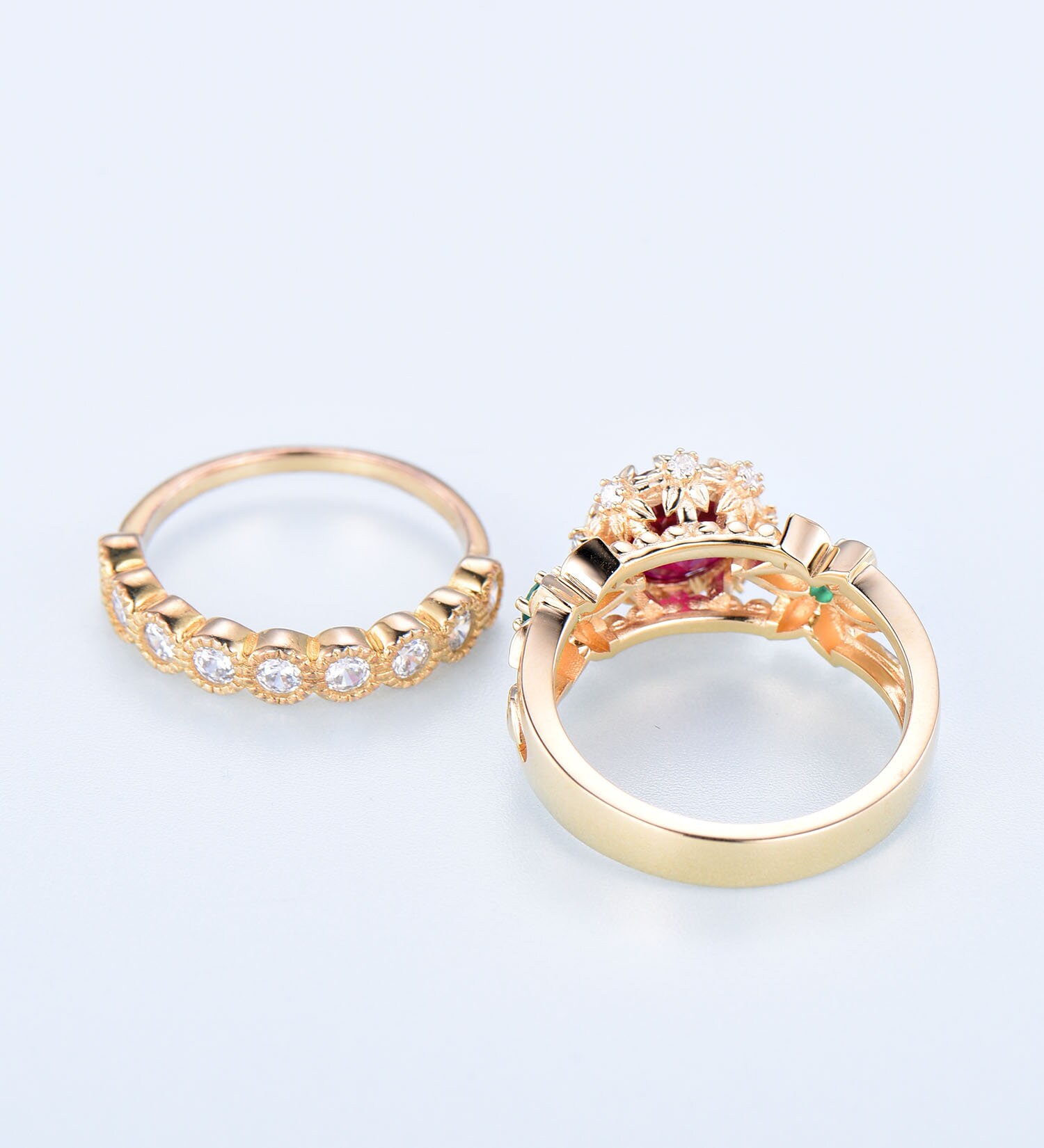 Vintage Ruby Wedding Ring Set Unique Floral Ring 14K Yellow | Etsy