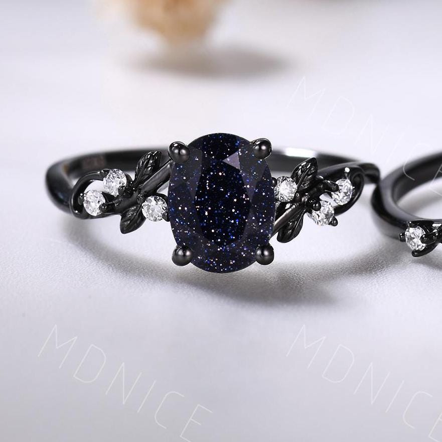 Black Gold Sandstone Wedding Ring Set: Oval Nebula, Leaf Moissanite ...
