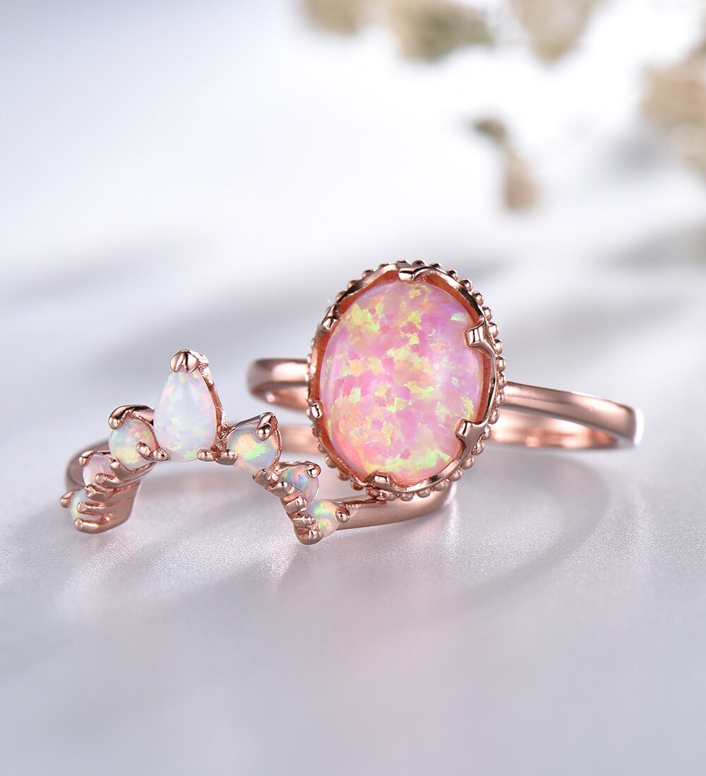 Opal Wedding Ring Set Oval Pink Fire Opal Engagement Ring | Etsy