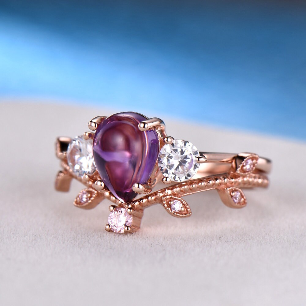 Amethyst Ring Set 6x9mm Pear Amethyst Engagement Ring Art Deco - Etsy