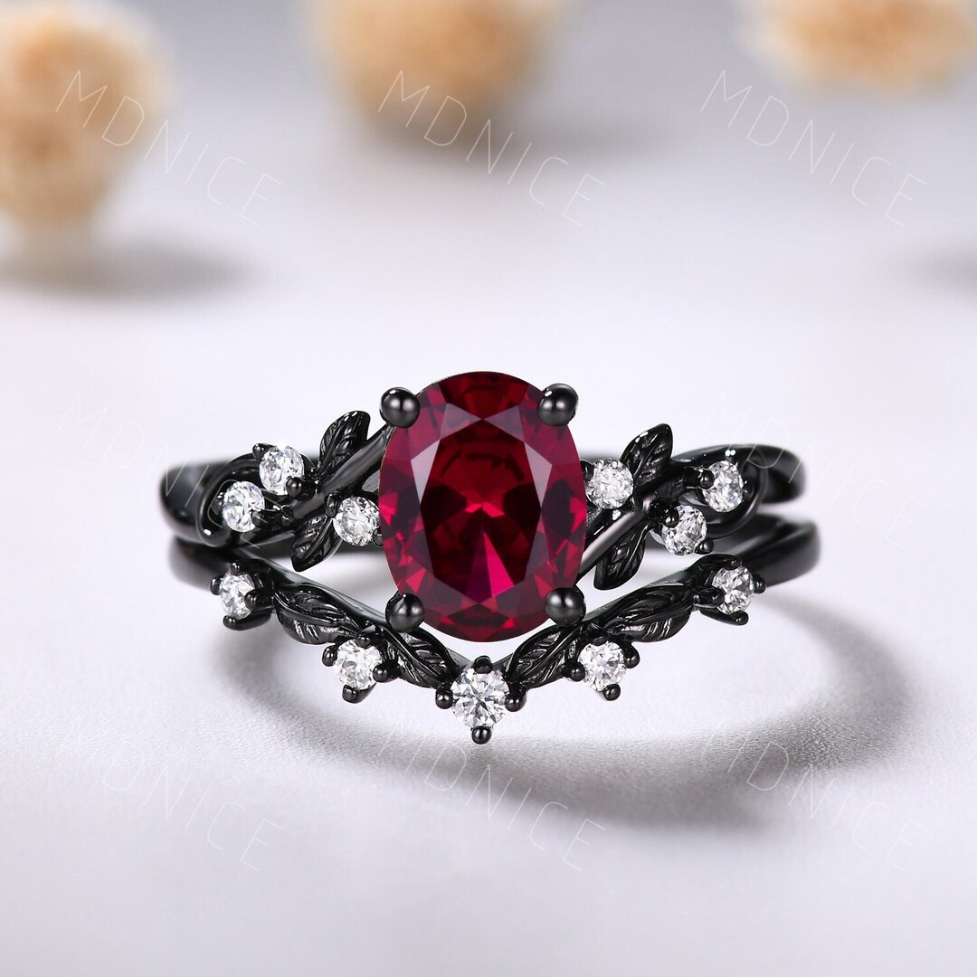 Nature Inspired Leaf Ruby Ring Set, Gothic Oval Cut Ruby Engagement ...