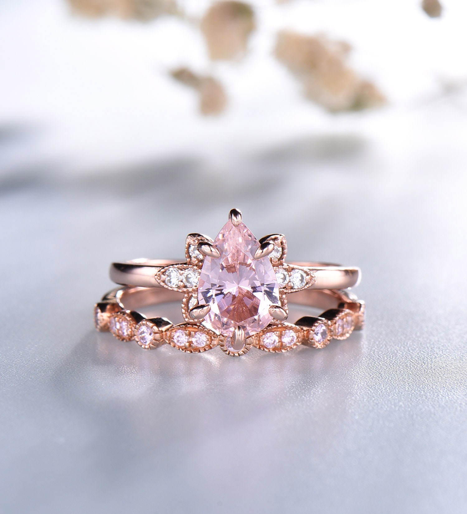 Morganite Ring Pink Morganite Engagement Ring Art Deco Pink CZ - Etsy