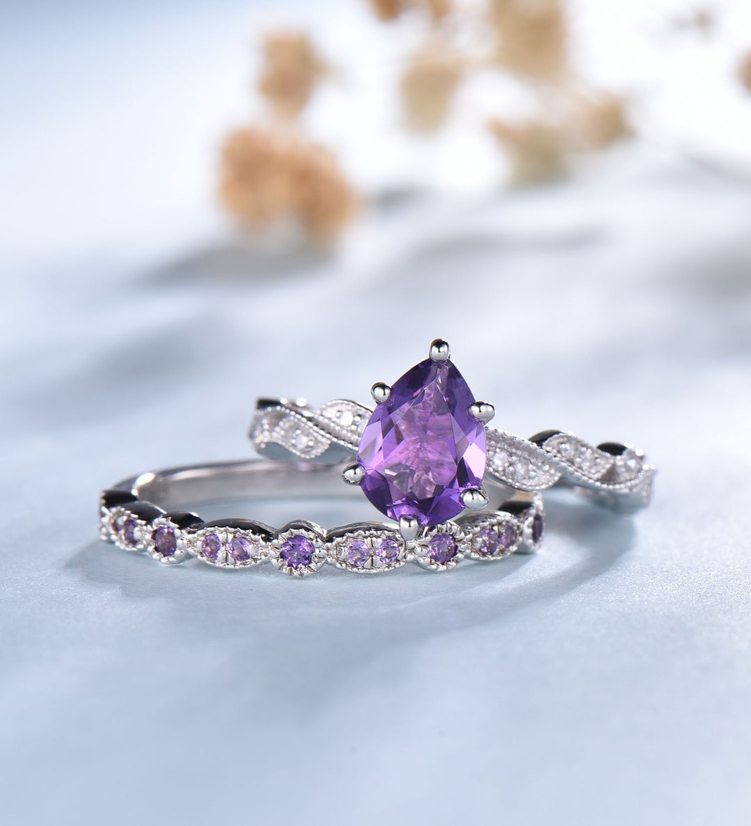 Natural Amethyst Ring, Sterling Silver Ring, Amethyst Ring Set ...