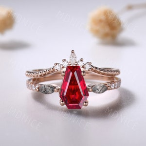 Gothic Coffin Shaped Ruby Wedding Ring Set & Marquise Cut Black Quartz ...