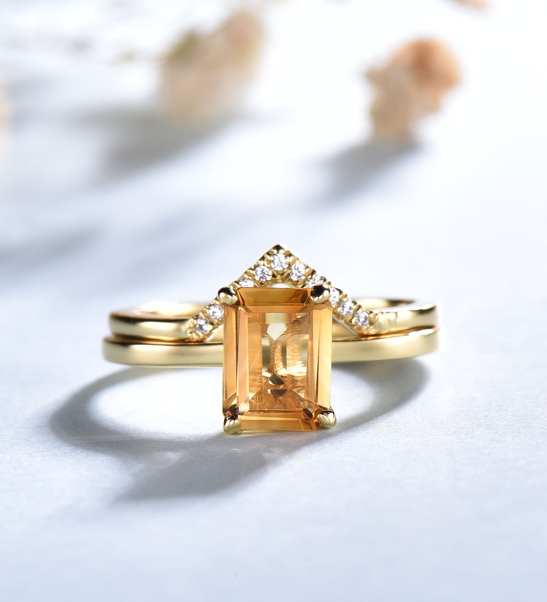 Emerald Cut Citrine Ring, Gold Citrine Ring, Gemstone Ring, V Curved ...