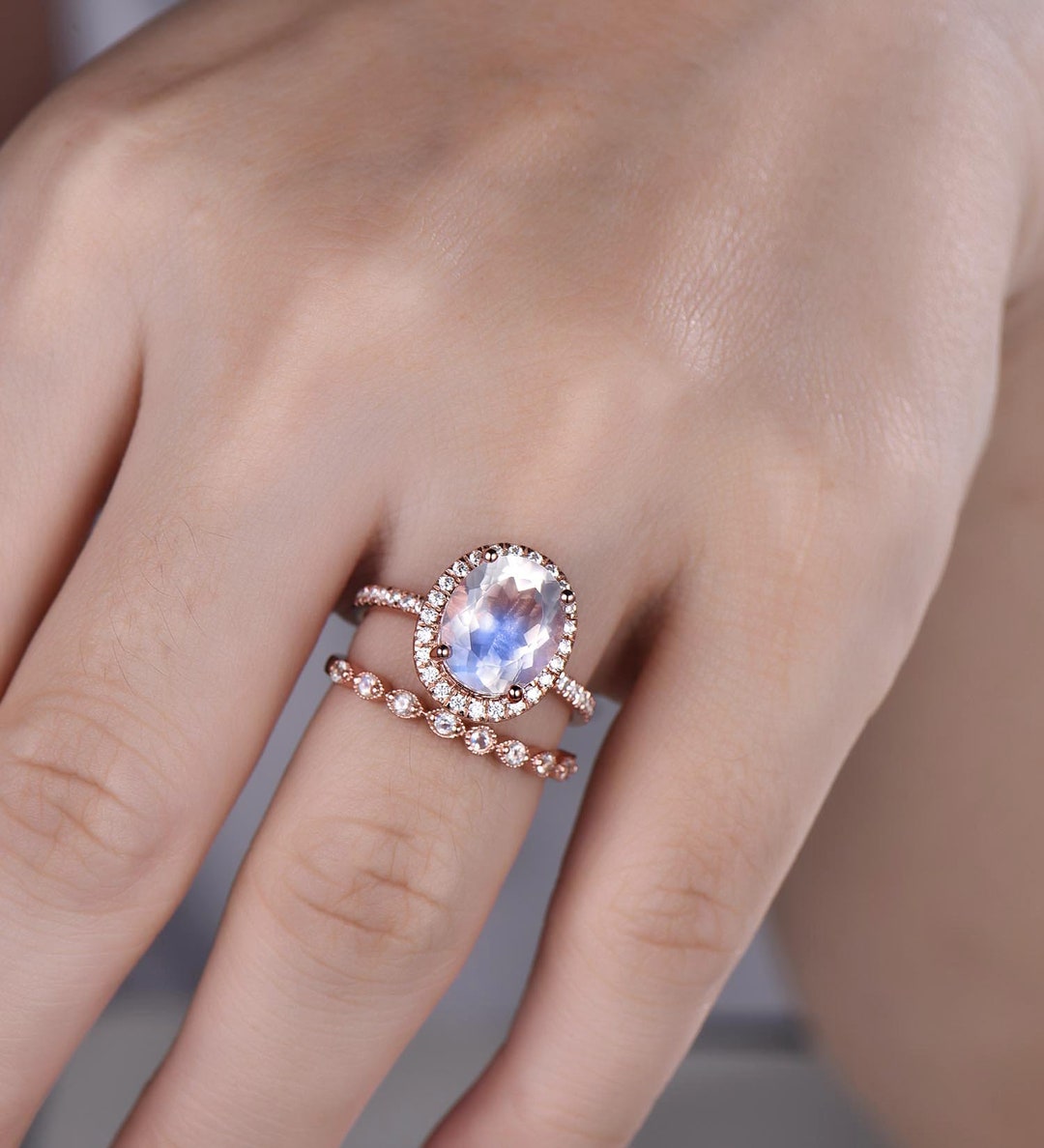 Oval Moonstone Engagement Ring, Rose Gold Moonstone Bridal Set ...