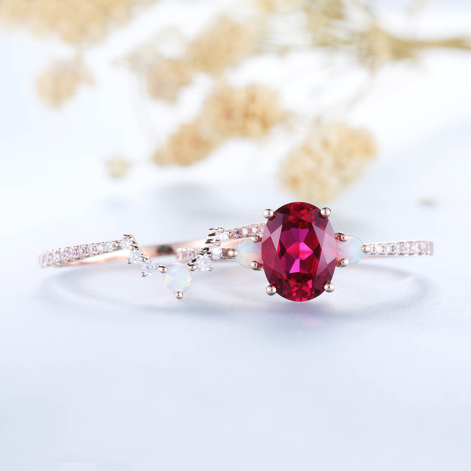 Ruby Ring Rose Gold Ruby Opal Wedding Ring Set July | Etsy