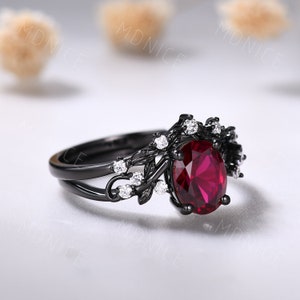 Nature Inspired Leaf Ruby Ring Set, Gothic Oval Cut Ruby Engagement ...