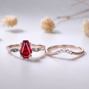 Gothic Coffin Shaped Ruby Wedding Ring Set & Marquise Cut Black Quartz ...