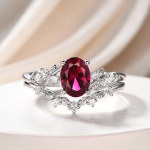 Nature Inspired Leaf Ruby Ring Set, Gothic Oval Cut Ruby Engagement ...