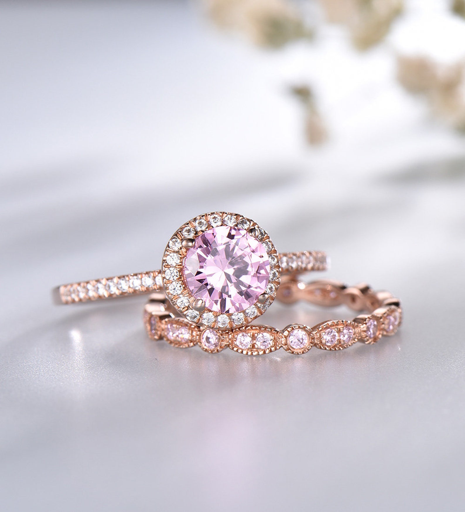 Pink Diamond Ring Set Halo Pink Diamond Simulated Engagement - Etsy