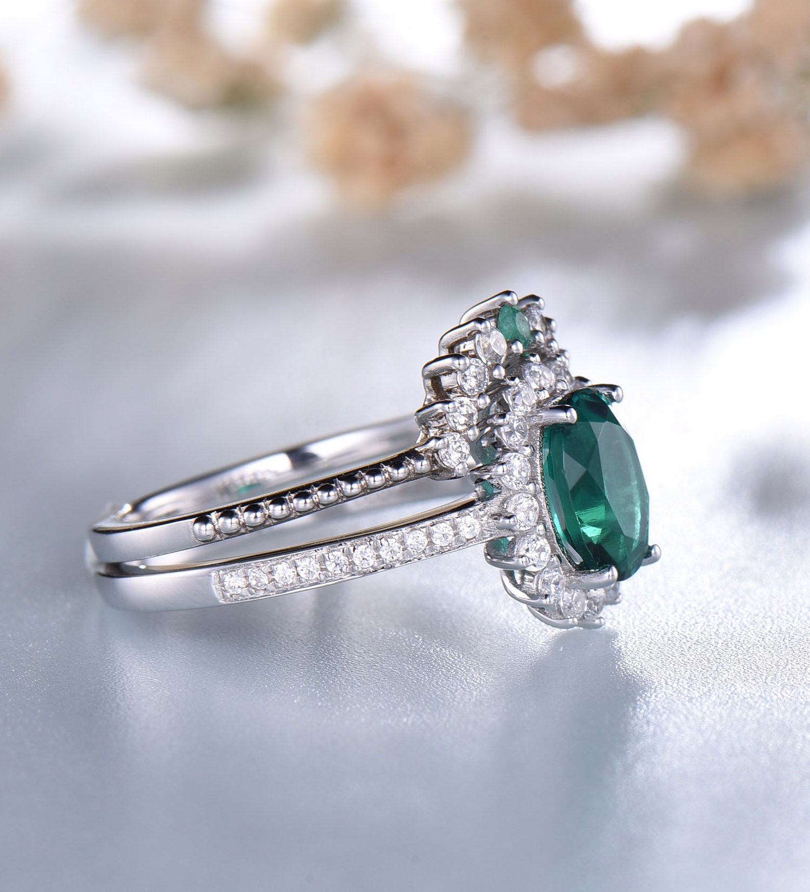 Emerald Wedding Set Emerald Engagement Ring Vintage Silver - Etsy