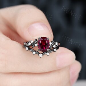 Nature Inspired Leaf Ruby Ring Set, Gothic Oval Cut Ruby Engagement ...