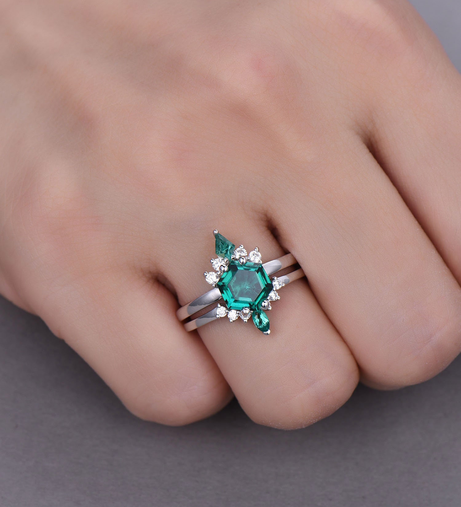 Emerald Ring Set Vintage Emerald Engagement Ring Green Ring | Etsy
