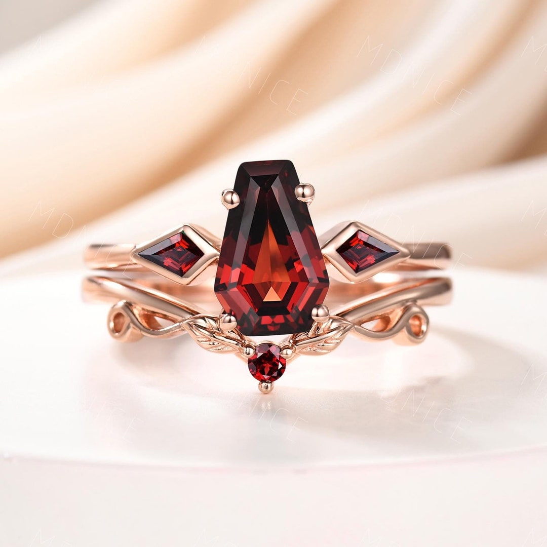Gothic Red Garnet Coffin Kite Engagement Ring Set Rose Gold Coffin ...