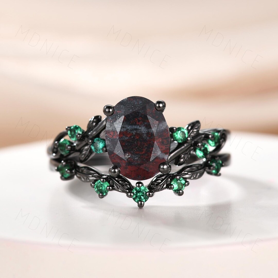 Black Gold Bloodstone Wedding Ring Set: Emerald Leaf Twig Branch ...