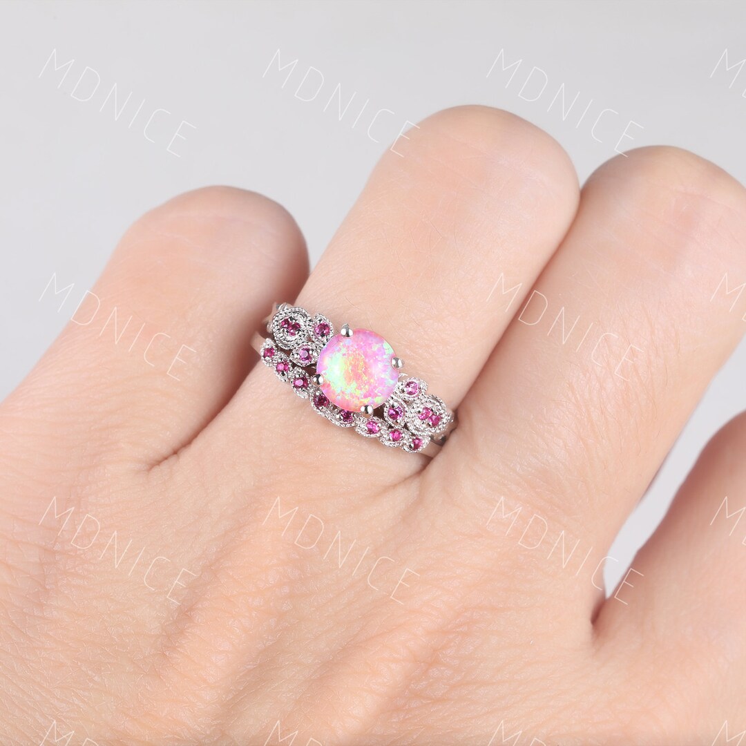 Pink Opal Ring, Opal and Ruby Wedding Ring Set, White Gold Opal Ring ...