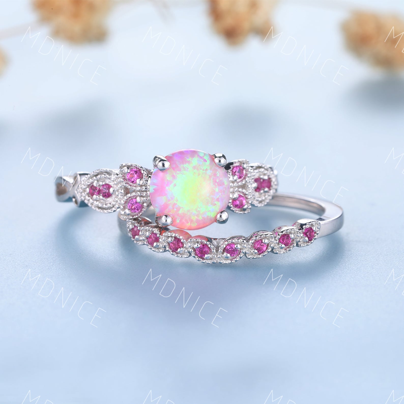 Pink Opal Ring Opal and Ruby Wedding Ring Set White Gold - Etsy