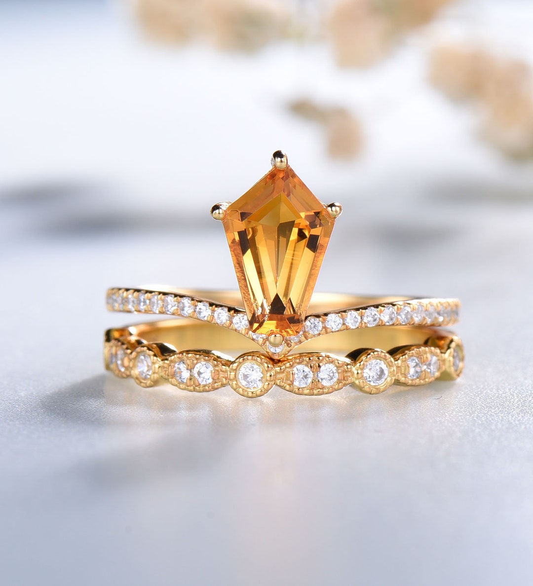 Citrine Engagement Ring Set: Gold, Half Eternity Stacking Ring - Etsy