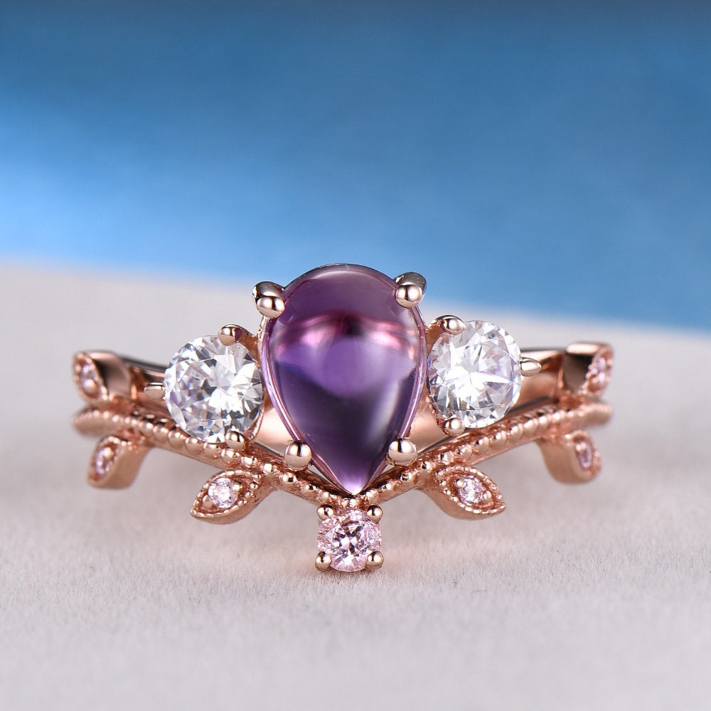 Amethyst Ring Set 6x9mm Pear Amethyst Engagement Ring Art Deco - Etsy