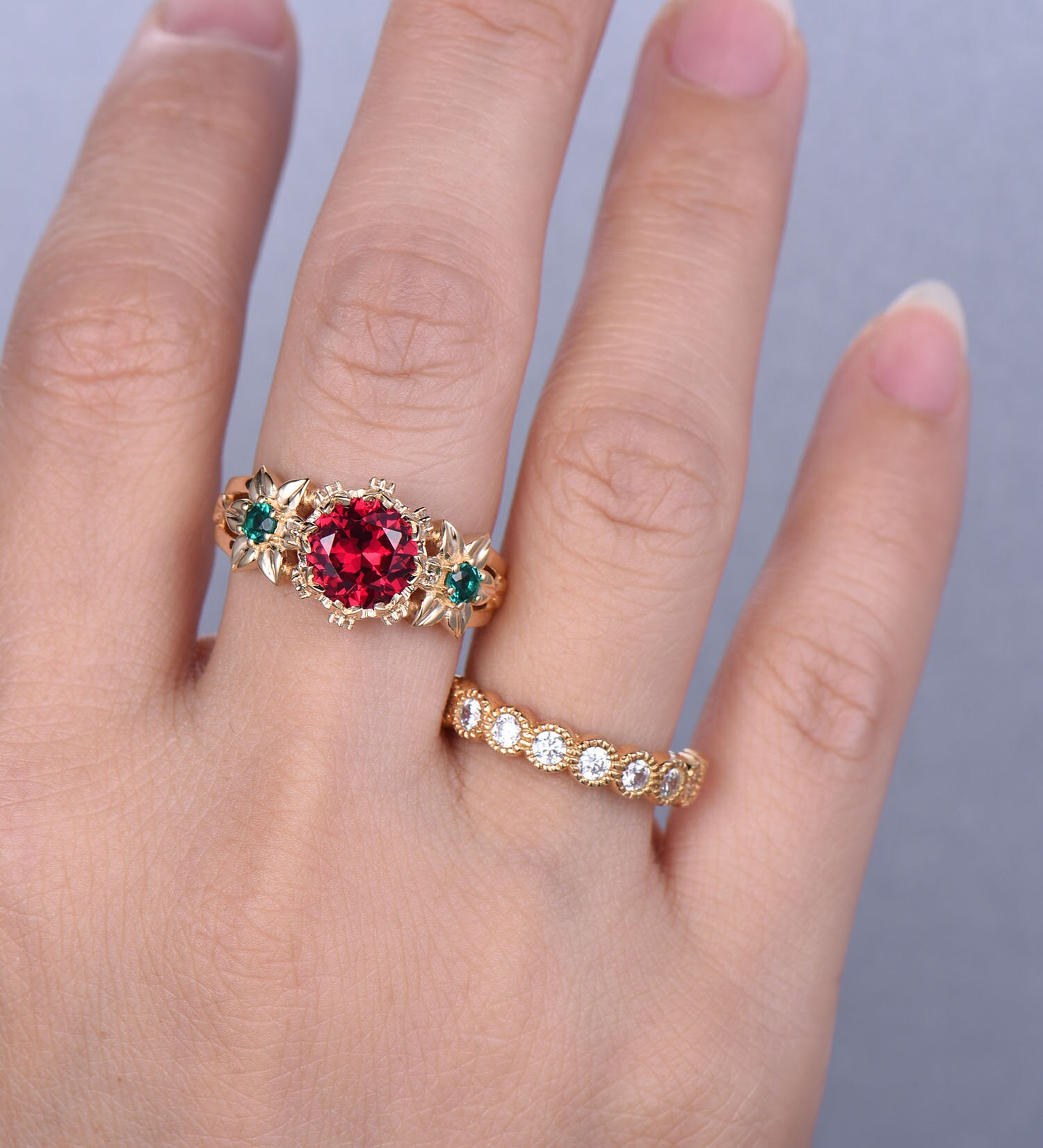Vintage Ruby Wedding Ring Set Unique Floral Ring 14K Yellow | Etsy