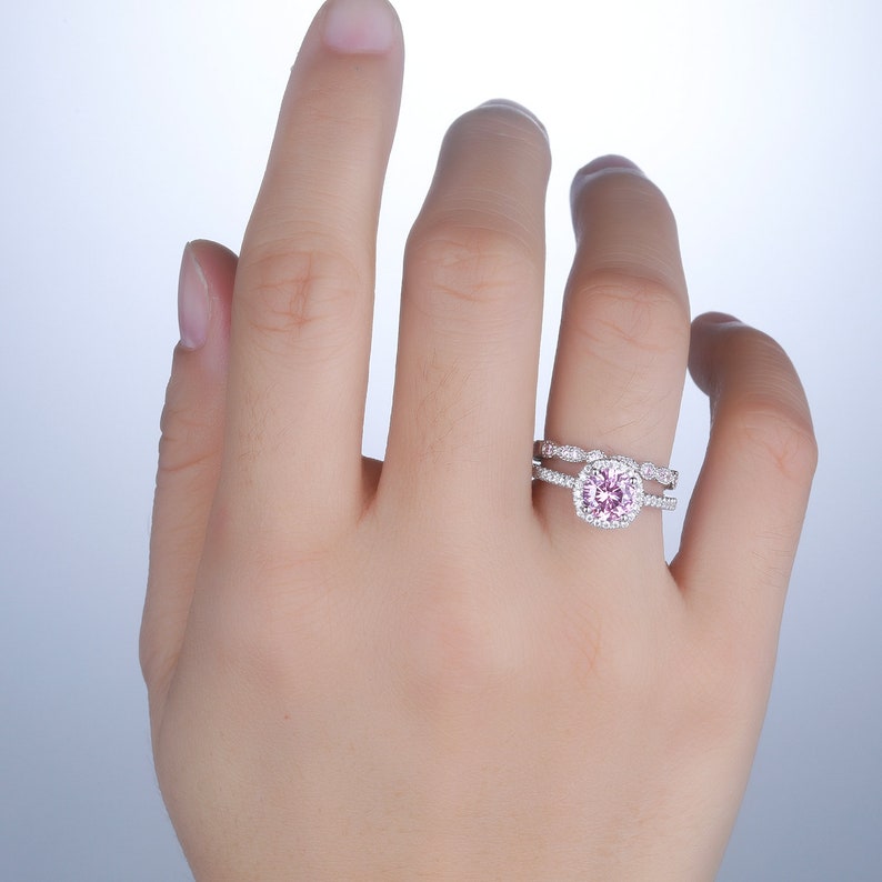 Pink Diamond Ring Set Halo Pink Diamond Simulated Engagement | Etsy