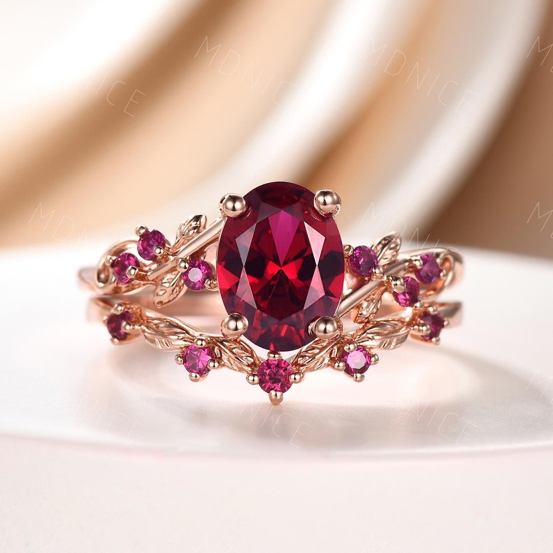 Nature Inspired Leaf Ruby Ring Set, Gothic Oval Cut Lab Ruby Engagement ...