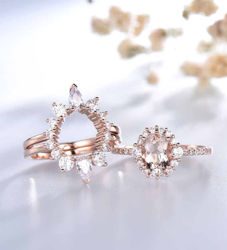 Morganite Wedding Ring Set 3PCS Bridal Set Vintage Morganite - Etsy