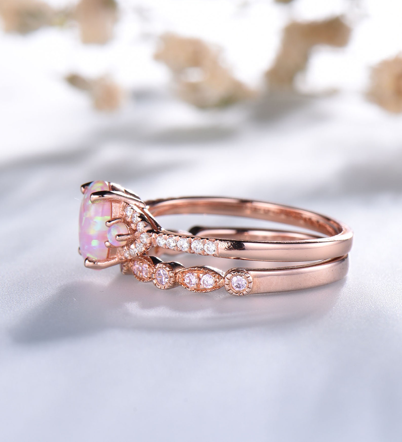 Pink Opal Ring Opal Engagement Ring Set Pink Gemstone | Etsy