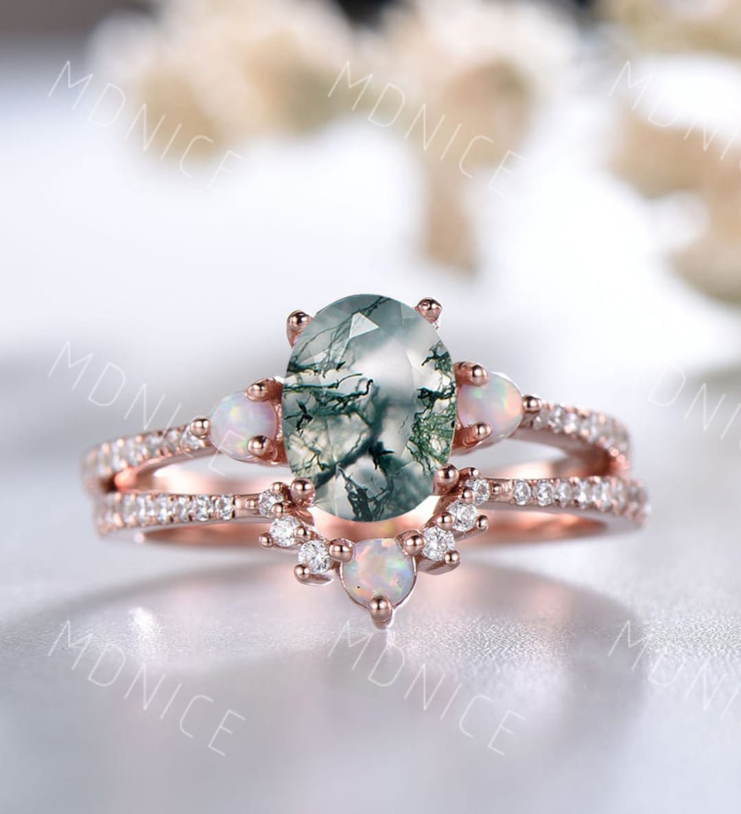 Oval Moss Agate Engagement Ring Set Moss Agate Engagement Ring Opal ...