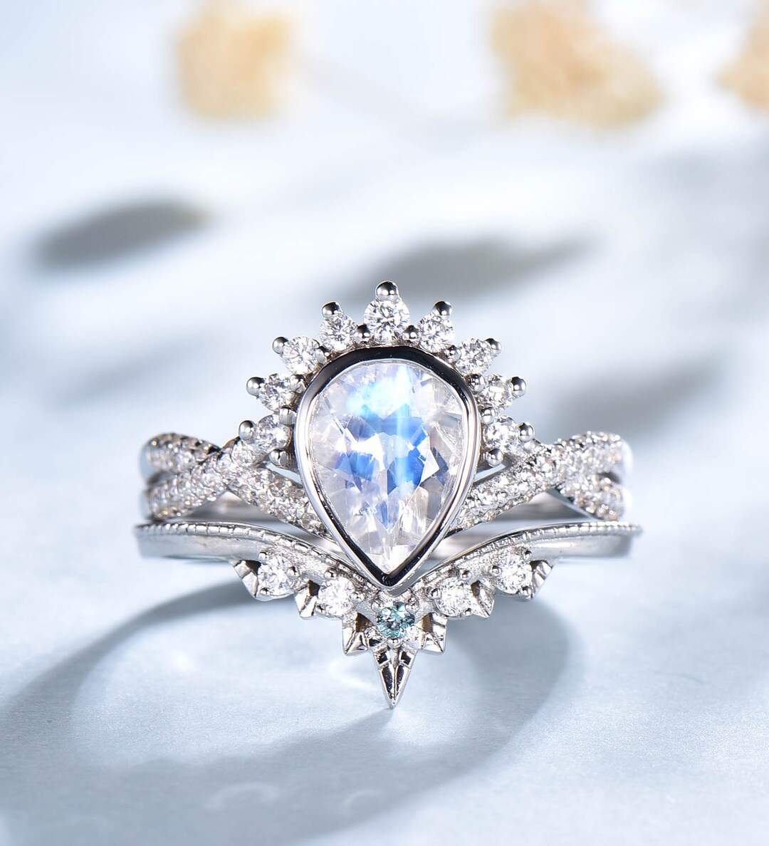 Vintage Moonstone Wedding Set, Silver Ring, Moonstone Engagement Ring ...